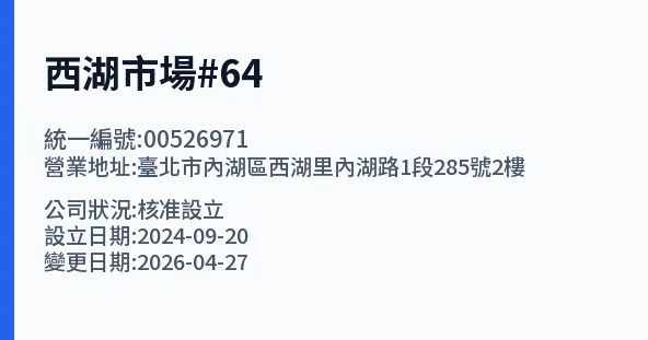 西湖市場#64的照片-統編 00526971(臺北市) 公司登記資料與營業項目詳細圖表