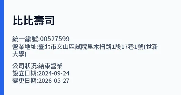 比比壽司的照片-統編 00527599(臺北市) 公司登記資料與營業項目詳細圖表