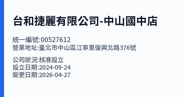 台和捷麗有限公司-中山國中店的照片-統編 00527612(臺北市) 公司登記資料與營業項目詳細圖表