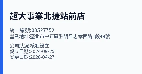 超大事業北捷站前店的照片-統編 00527752(臺北市) 公司登記資料與營業項目詳細圖表