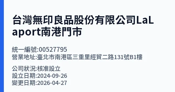 台灣無印良品股份有限公司LaLaport南港門市的照片-統編 00527795(臺北市) 公司登記資料與營業項目詳細圖表