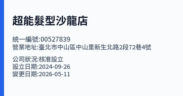 超能髮型沙龍店的照片-統編 00527839(臺北市) 公司登記資料與營業項目詳細圖表