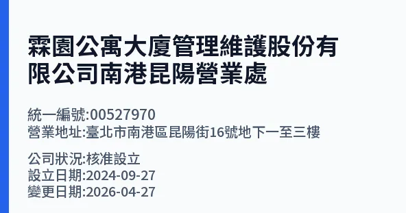 霖園公寓大廈管理維護股份有限公司南港昆陽營業處的照片-統編 00527970(臺北市) 公司登記資料與營業項目詳細圖表