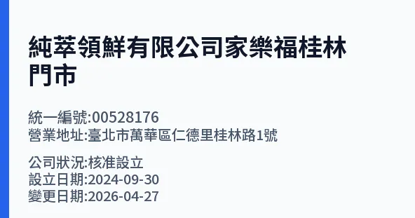 純萃領鮮有限公司家樂福桂林門市的照片-統編 00528176(臺北市) 公司登記資料與營業項目詳細圖表