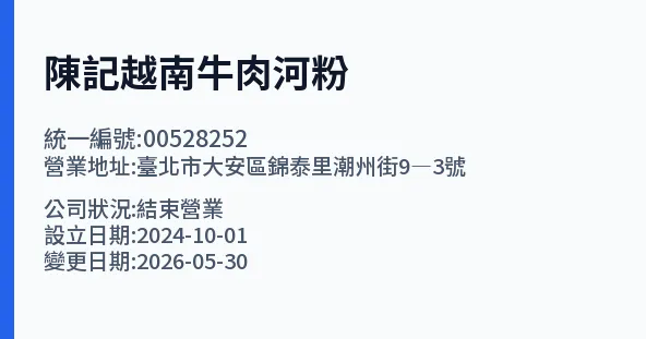 陳記越南牛肉河粉的照片-統編 00528252(臺北市) 公司登記資料與營業項目詳細圖表