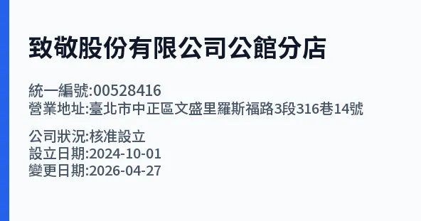 致敬股份有限公司公館分店的照片-統編 00528416(臺北市) 公司登記資料與營業項目詳細圖表