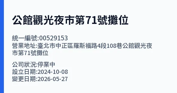 公館觀光夜市第71號攤位的照片-統編 00529153(臺北市) 公司登記資料與營業項目詳細圖表