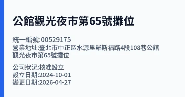 公館觀光夜市第65號攤位的照片-統編 00529175(臺北市) 公司登記資料與營業項目詳細圖表