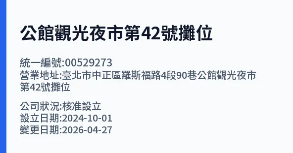 公館觀光夜市第42號攤位的照片-統編 00529273(臺北市) 公司登記資料與營業項目詳細圖表
