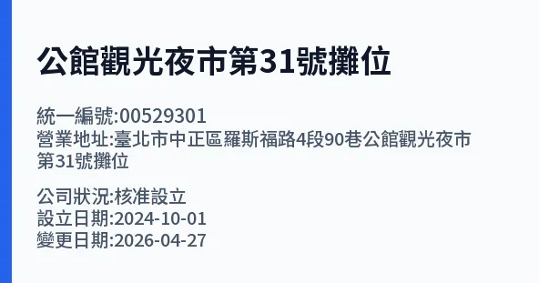 公館觀光夜市第31號攤位的照片-統編 00529301(臺北市) 公司登記資料與營業項目詳細圖表