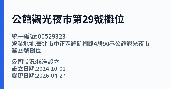 公館觀光夜市第29號攤位的照片-統編 00529323(臺北市) 公司登記資料與營業項目詳細圖表