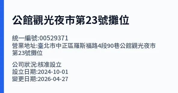 公館觀光夜市第23號攤位的照片-統編 00529371(臺北市) 公司登記資料與營業項目詳細圖表