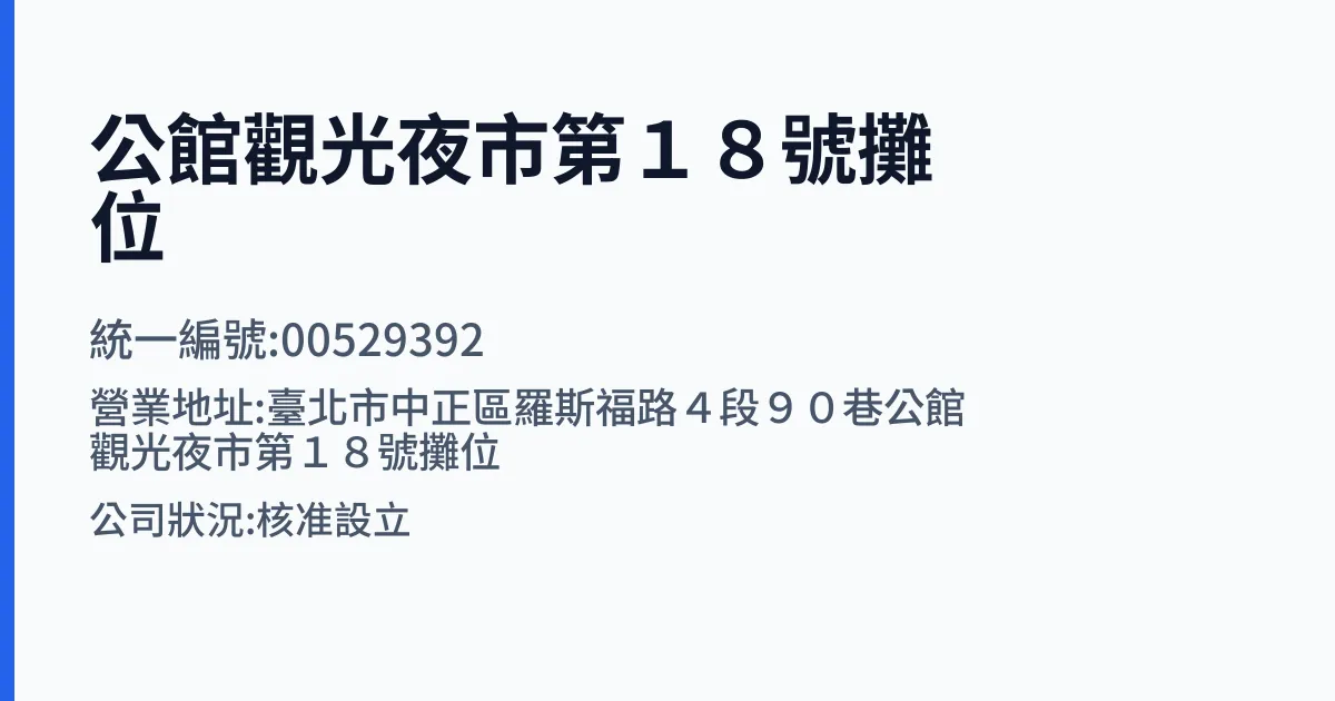 公館觀光夜市第18號攤位 - 統編 00529392(臺北市) 公司登記資料與營業項目詳細圖表