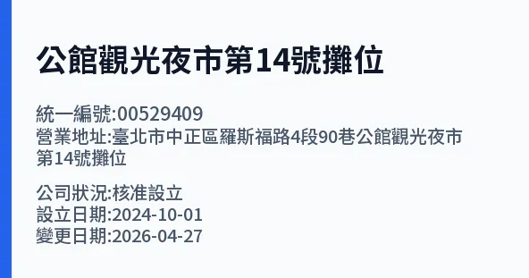 公館觀光夜市第14號攤位的照片-統編 00529409(臺北市) 公司登記資料與營業項目詳細圖表