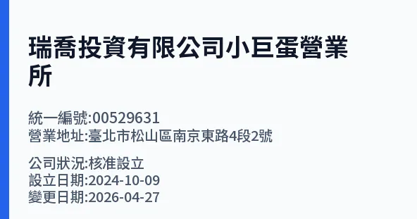 瑞喬投資有限公司小巨蛋營業所的照片-統編 00529631(臺北市) 公司登記資料與營業項目詳細圖表