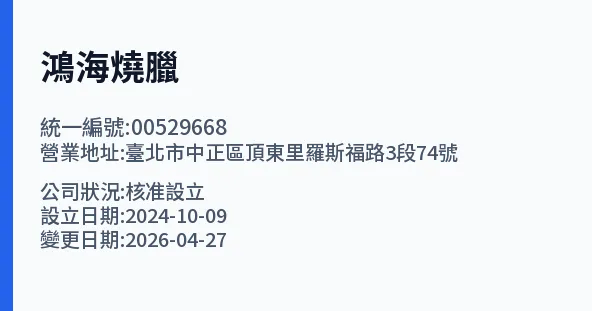 鴻海燒臘的照片-統編 00529668(臺北市) 公司登記資料與營業項目詳細圖表