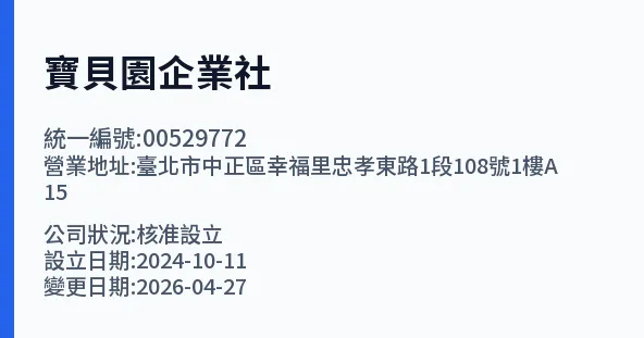 寶貝園企業社的照片-統編 00529772(臺北市) 公司登記資料與營業項目詳細圖表