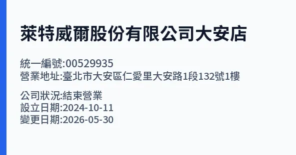萊特威爾股份有限公司大安店的照片-統編 00529935(臺北市) 公司登記資料與營業項目詳細圖表