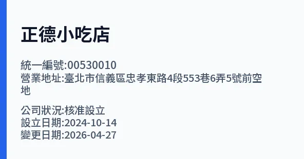 正德小吃店的照片-統編 00530010(臺北市) 公司登記資料與營業項目詳細圖表