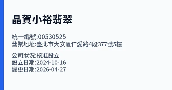 晶賀小裕翡翠的照片-統編 00530525(臺北市) 公司登記資料與營業項目詳細圖表