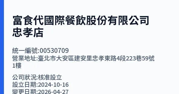 富食代國際餐飲股份有限公司忠孝店的照片-統編 00530709(臺北市) 公司登記資料與營業項目詳細圖表
