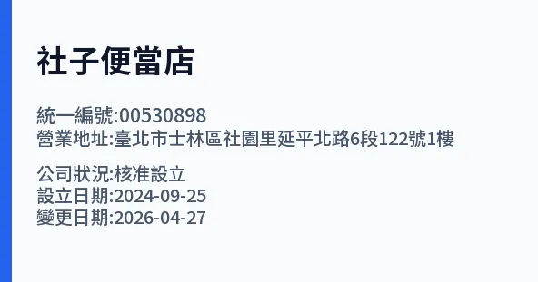 社子便當店的照片-統編 00530898(臺北市) 公司登記資料與營業項目詳細圖表