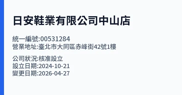 日安鞋業有限公司中山店的照片-統編 00531284(臺北市) 公司登記資料與營業項目詳細圖表