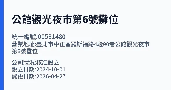 公館觀光夜市第6號攤位的照片-統編 00531480(臺北市) 公司登記資料與營業項目詳細圖表