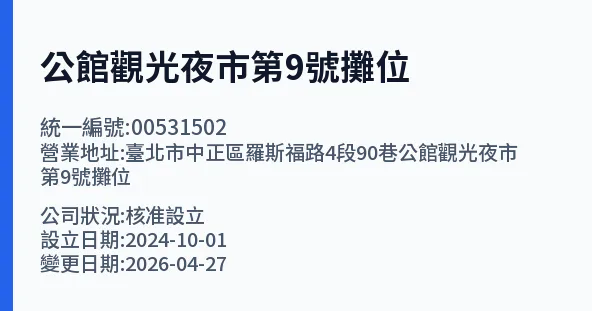 公館觀光夜市第9號攤位的照片-統編 00531502(臺北市) 公司登記資料與營業項目詳細圖表