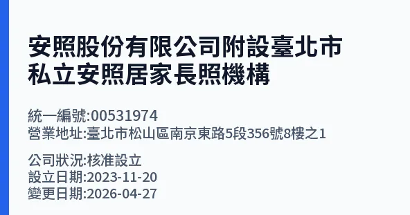安照股份有限公司附設臺北市私立安照居家長照機構的照片-統編 00531974(臺北市) 公司登記資料與營業項目詳細圖表