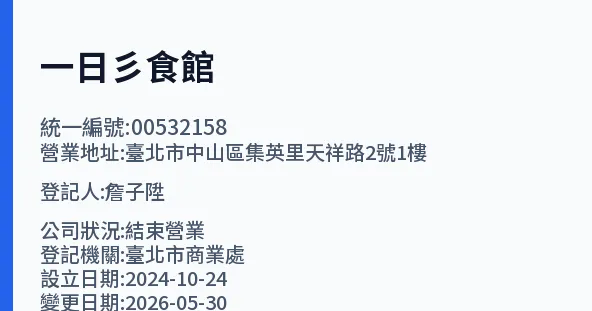 一日彡食館的照片-統編 00532158(臺北市) 公司登記資料與營業項目詳細圖表