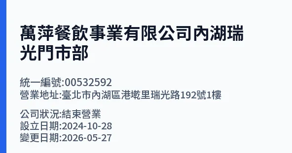 萬萍餐飲事業有限公司內湖瑞光門市部的照片-統編 00532592(臺北市) 公司登記資料與營業項目詳細圖表