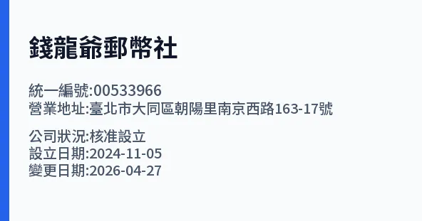 錢龍爺郵幣社的照片-統編 00533966(臺北市) 公司登記資料與營業項目詳細圖表