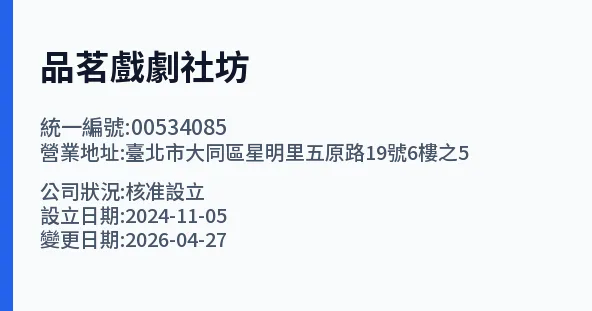品茗戲劇社坊的照片-統編 00534085(臺北市) 公司登記資料與營業項目詳細圖表