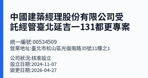 中國建築經理股份有限公司受託經管臺北延吉一131都更專案的照片-統編 00534509(臺北市) 公司登記資料與營業項目詳細圖表