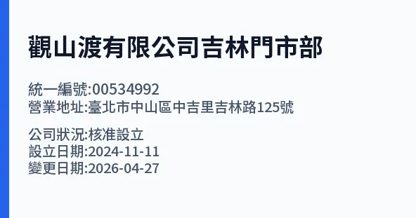 觀山渡有限公司吉林門市部的照片-統編 00534992(臺北市) 公司登記資料與營業項目詳細圖表