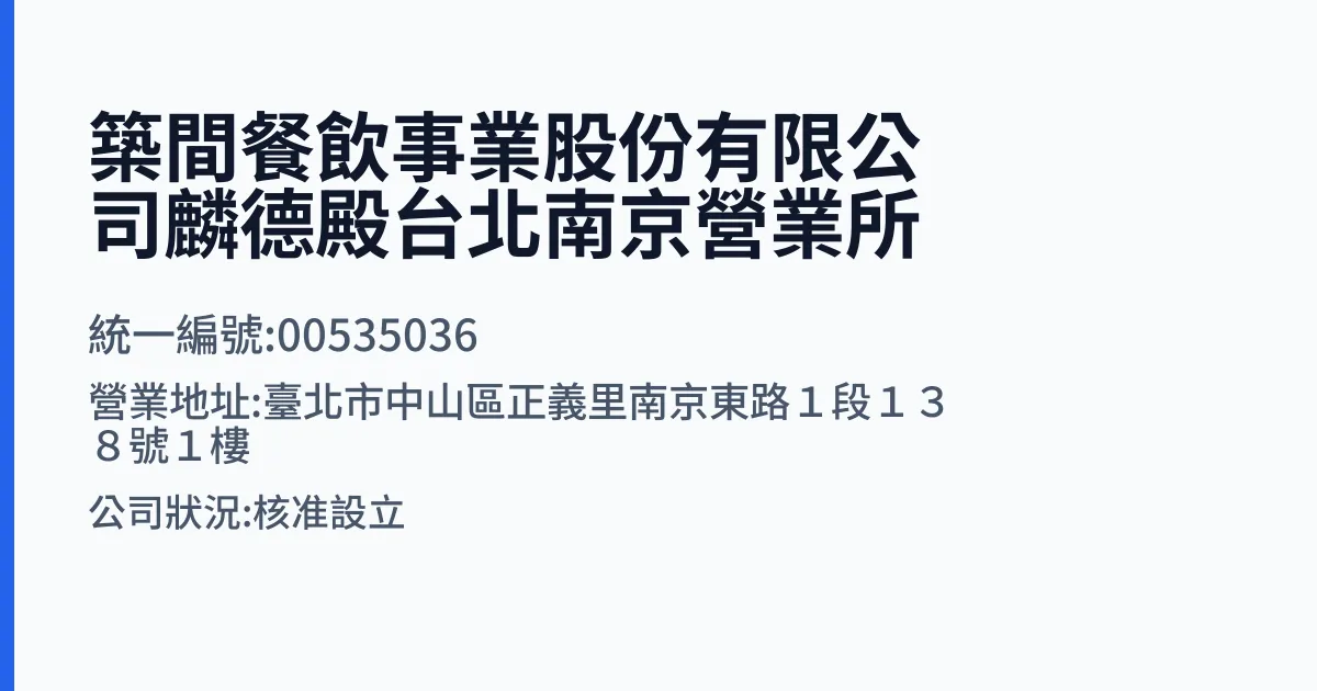 築間餐飲事業股份有限公司麟德殿台北南京營業所 - 統編 00535036(臺北市) 公司登記資料與營業項目詳細圖表