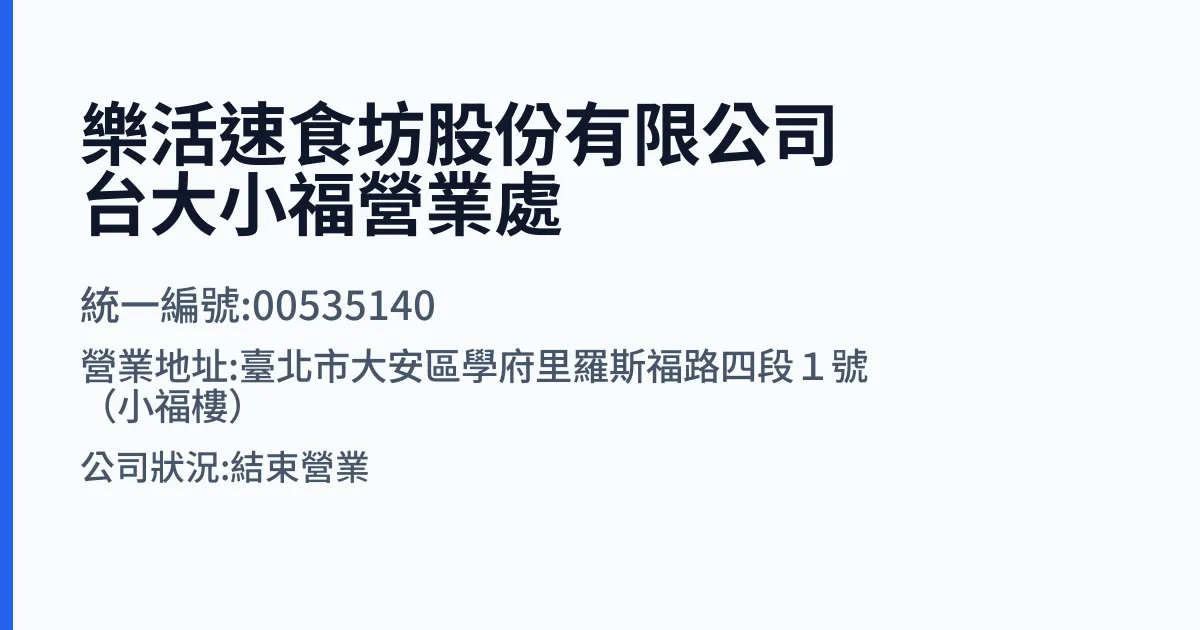 樂活速食坊股份有限公司台大小福營業處 - 統編 00535140(臺北市) 公司登記資料與營業項目詳細圖表