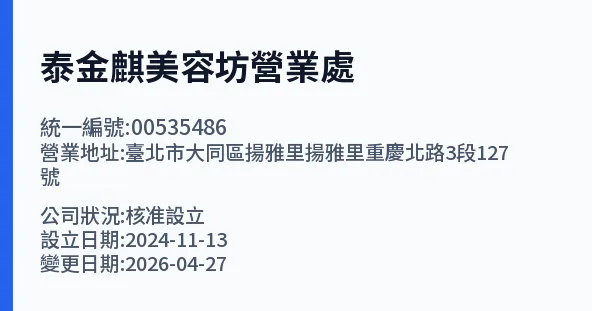 泰金麒美容坊營業處的照片-統編 00535486(臺北市) 公司登記資料與營業項目詳細圖表