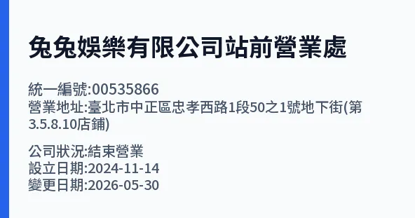 兔兔娛樂有限公司站前營業處的照片-統編 00535866(臺北市) 公司登記資料與營業項目詳細圖表