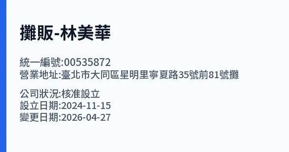 攤販-林美華的照片-統編 00535872(臺北市) 公司登記資料與營業項目詳細圖表