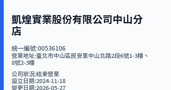 凱煌實業股份有限公司中山分店的照片-統編 00536106(臺北市) 公司登記資料與營業項目詳細圖表