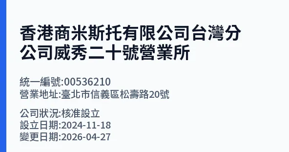 香港商米斯托有限公司台灣分公司威秀二十號營業所的照片-統編 00536210(臺北市) 公司登記資料與營業項目詳細圖表