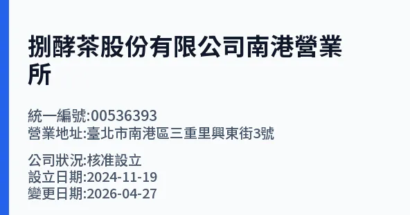 捌酵茶股份有限公司南港營業所的照片-統編 00536393(臺北市) 公司登記資料與營業項目詳細圖表