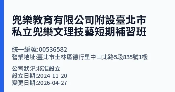 兜樂教育有限公司附設臺北市私立兜樂文理技藝短期補習班的照片-統編 00536582(臺北市) 公司登記資料與營業項目詳細圖表