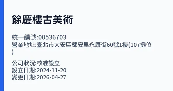 餘慶樓古美術的照片-統編 00536703(臺北市) 公司登記資料與營業項目詳細圖表