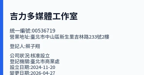 吉力多媒體工作室的照片-統編 00536719(臺北市) 公司登記資料與營業項目詳細圖表
