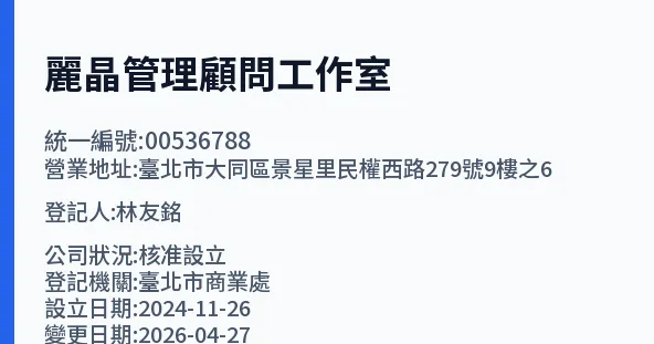 麗晶管理顧問工作室的照片-統編 00536788(臺北市) 公司登記資料與營業項目詳細圖表