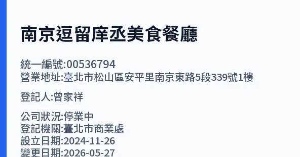 南京逗留庠丞美食餐廳的照片-統編 00536794(臺北市) 公司登記資料與營業項目詳細圖表