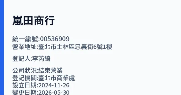 嵐田商行的照片-統編 00536909(臺北市) 公司登記資料與營業項目詳細圖表